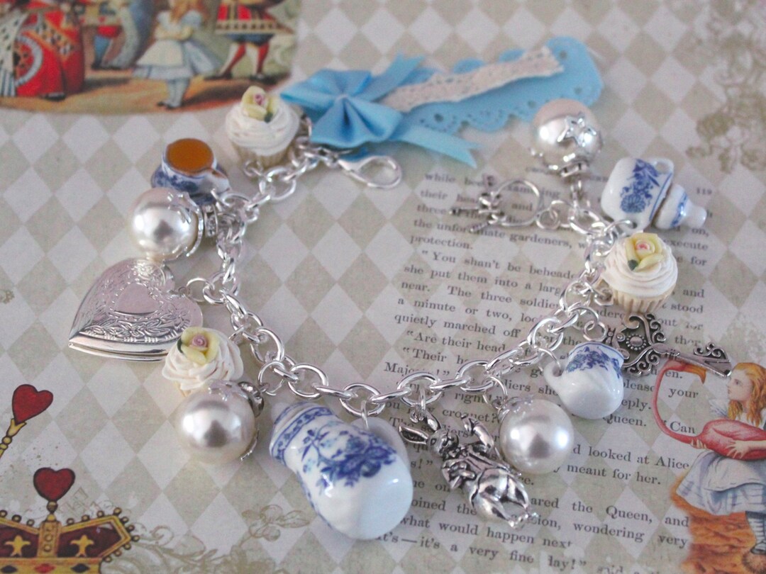 Alice in Wonderland Bracelet- Blue Tea Party Bracelet - Heart Locket ...