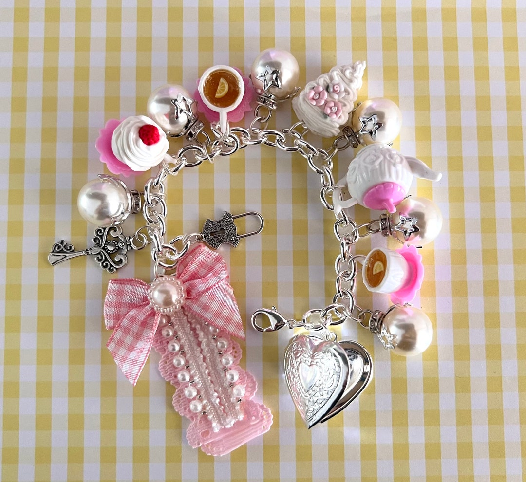 Alice in Wonderland Bracelet Pink Tea Party Bracelet Heart Locket Charm ...