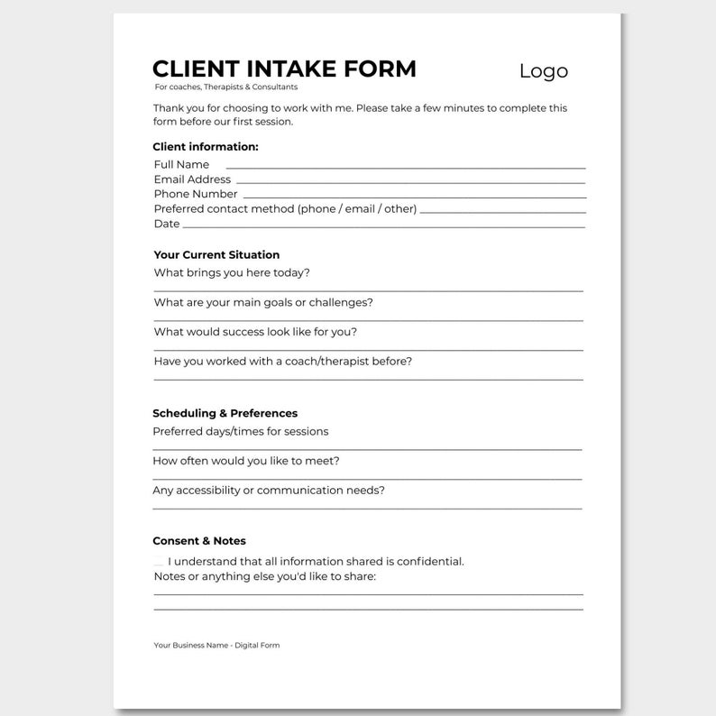 Title Business Client Intake Form Canva | 2 Layouts | Editable Business ...