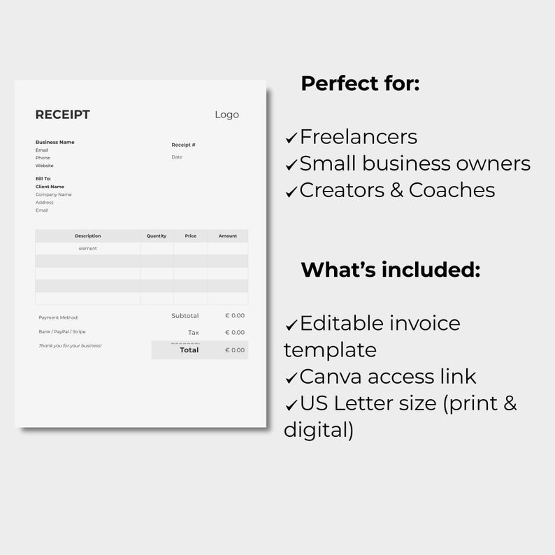 Minimal Receipt Template | Editable Canva Design (instant Download) - Etsy