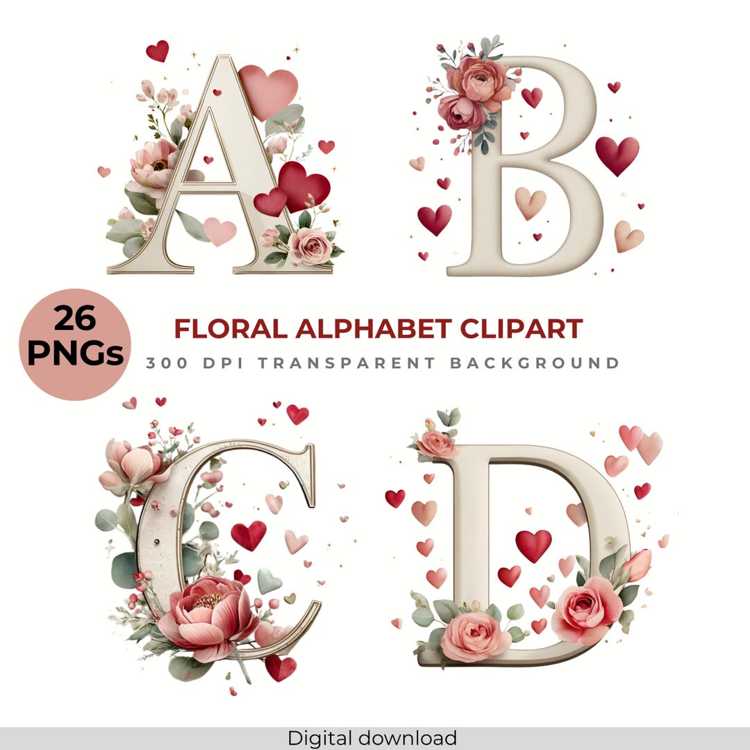 Valentine Floral Alphabet Clipart – Romantic Heart Letters (digital ...