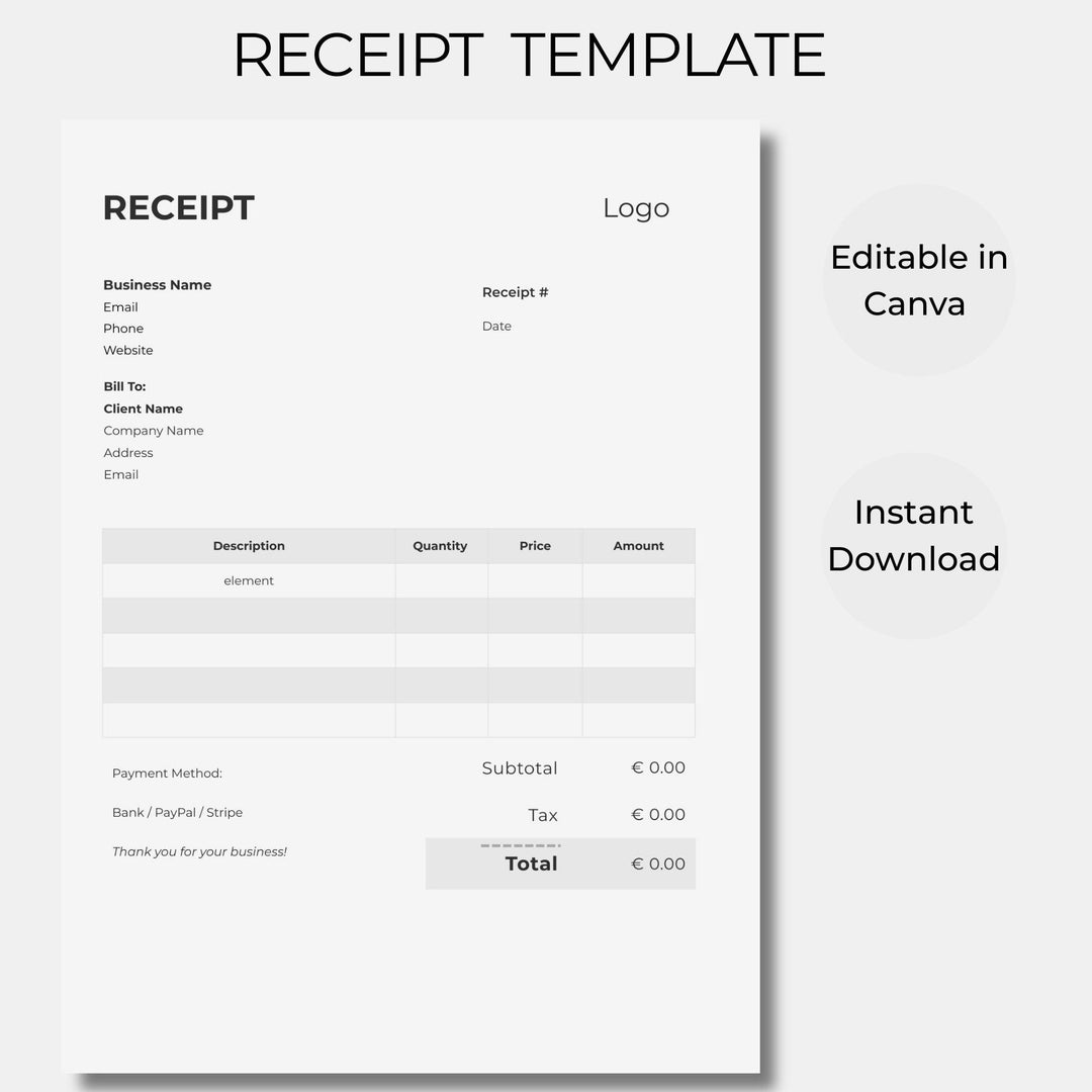 Minimal Receipt Template | Editable Canva Design (instant Download) - Etsy