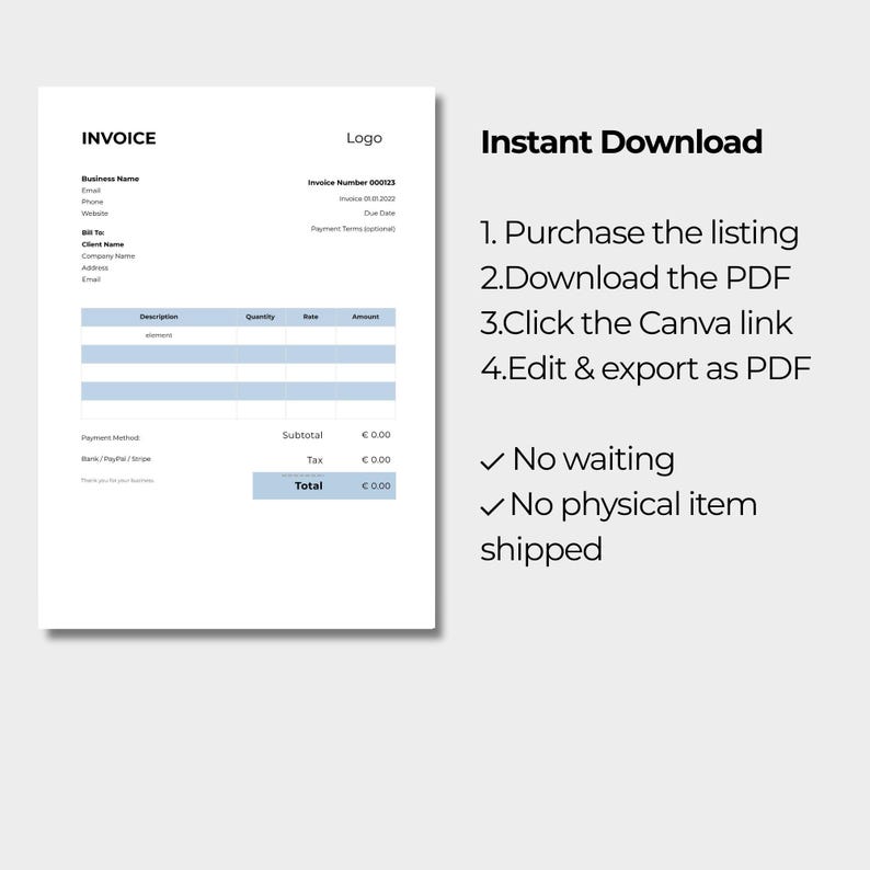 Blue Minimalist Invoice Template | Editable Canva, Printable PDF - Etsy