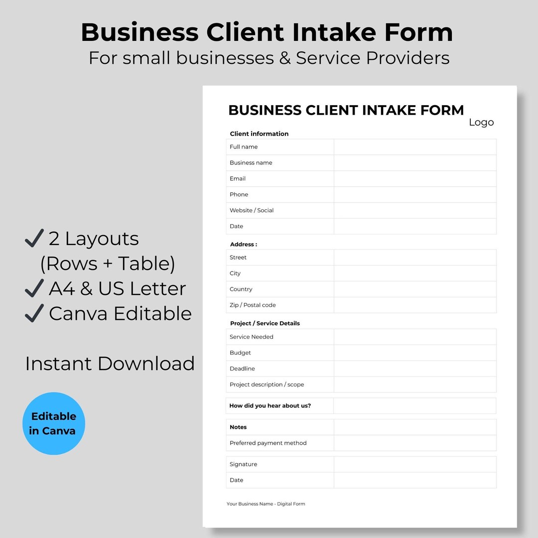 Client Intake Form Canva Template | 2 Layouts | Editable Onboarding ...