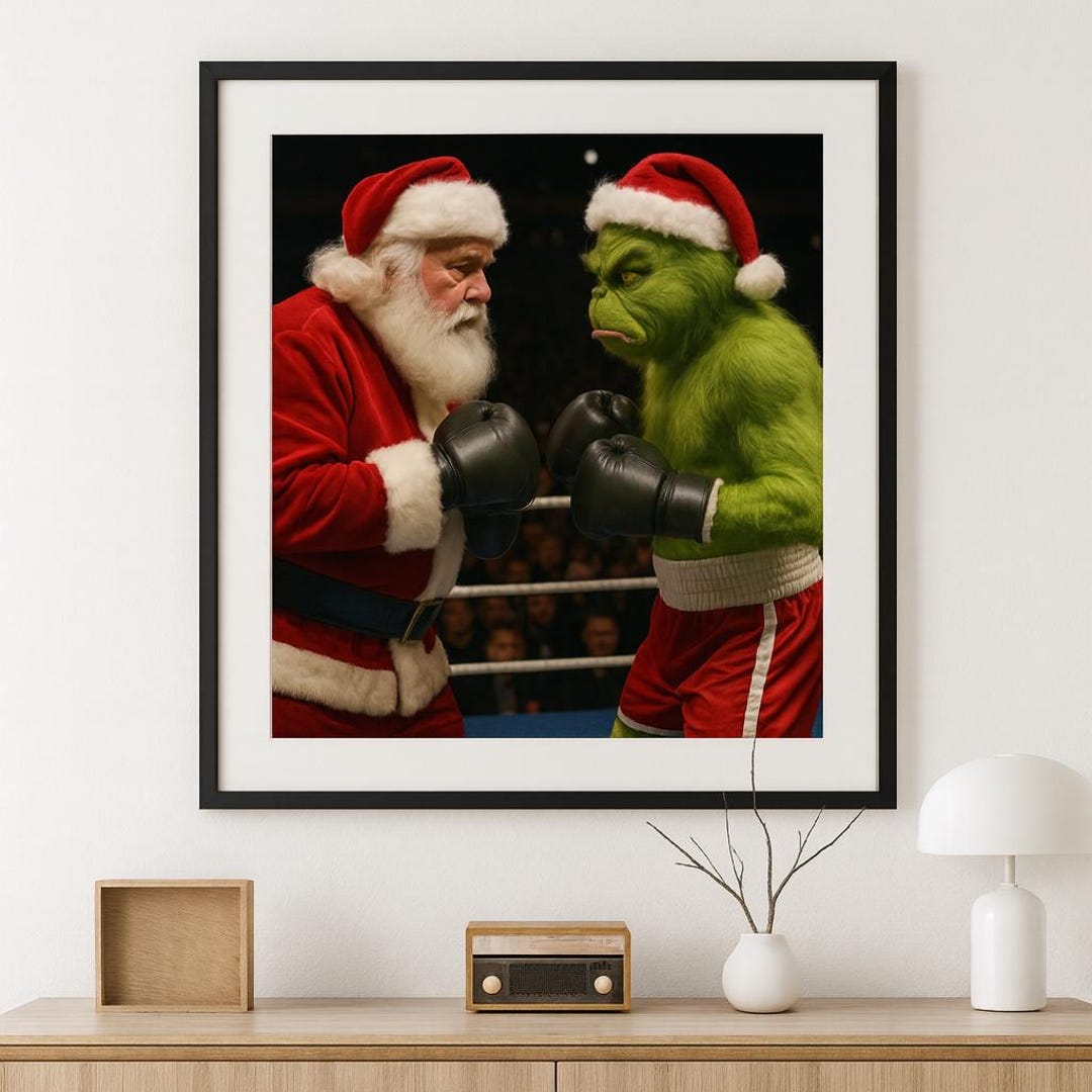 Santa vs Grinch Boxing Poster • Funny Christmas Wall Art • Holiday ...