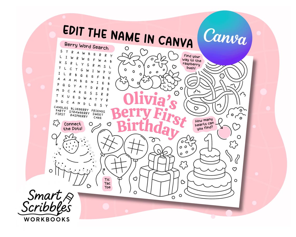 Berry First Birthday Activity Placemat, Editable Party Coloring ...