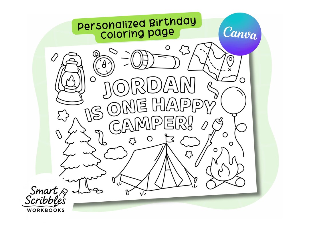One Happy Camper Coloring Page | Editable Kids Camp Birthday Party ...