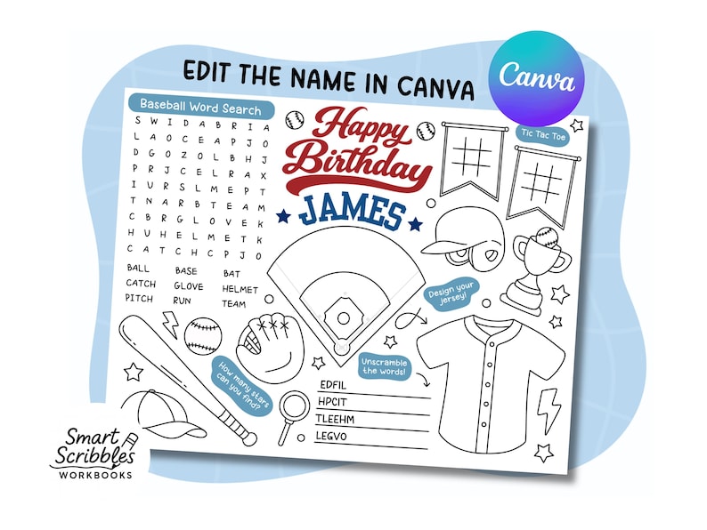 Editable Baseball Birthday Coloring Placemat| Printable Baseball Theme ...