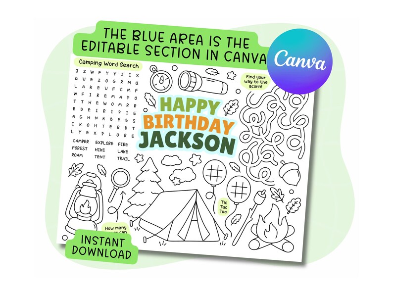 Camping Birthday Coloring Page | Editable Campout Party Activity Sheet ...