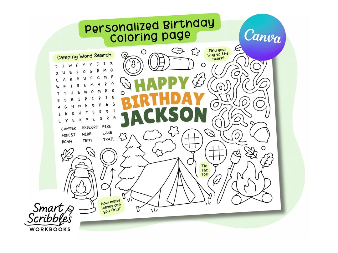 Camping Birthday Coloring Page | Editable One Happy Camper Birthday ...