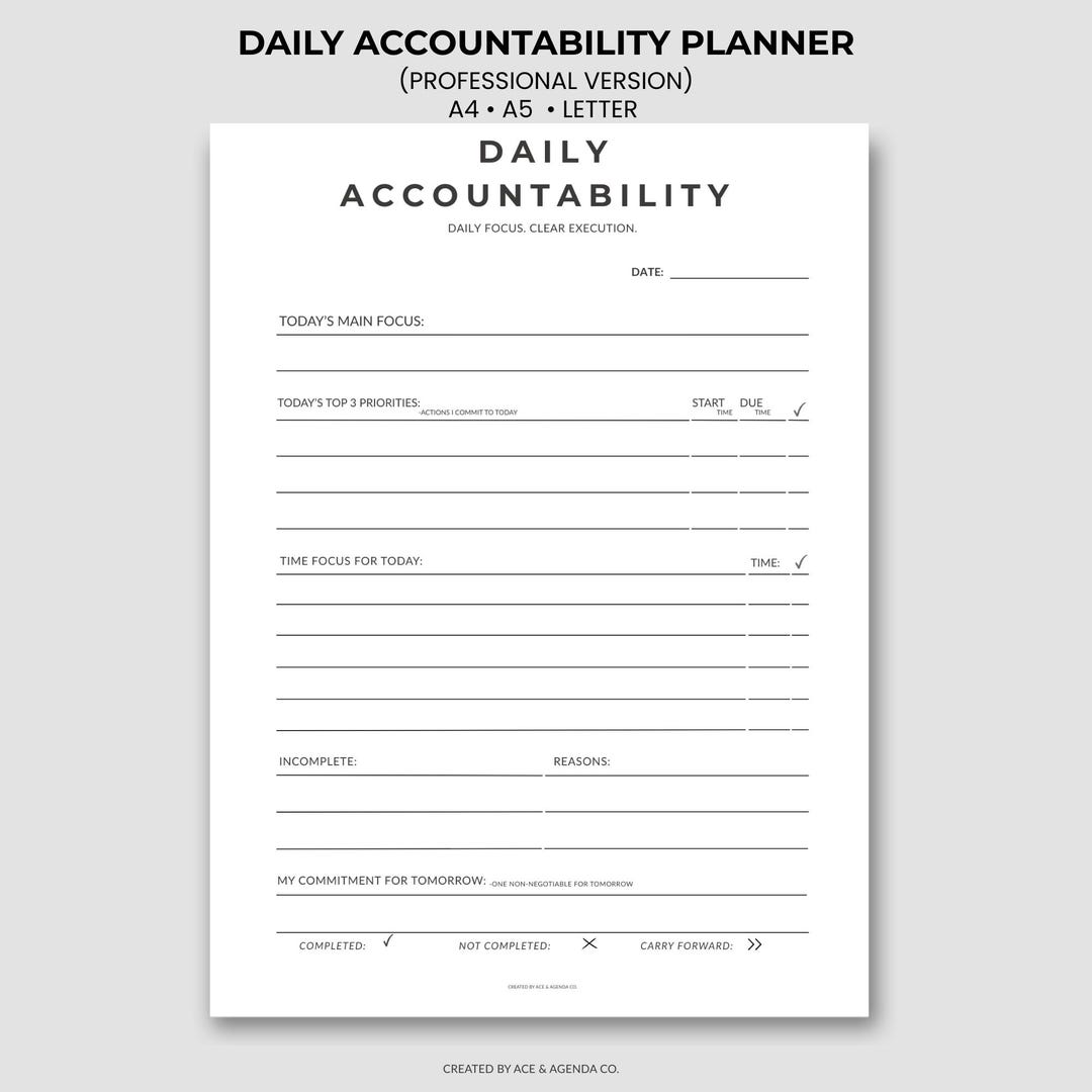 Daily Accountability Planner | Minimalist Productivity Sheet (PDF ...