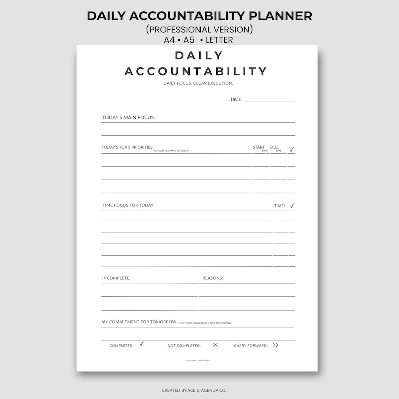 Daily Accountability Planner | Minimalist Productivity Sheet (PDF ...