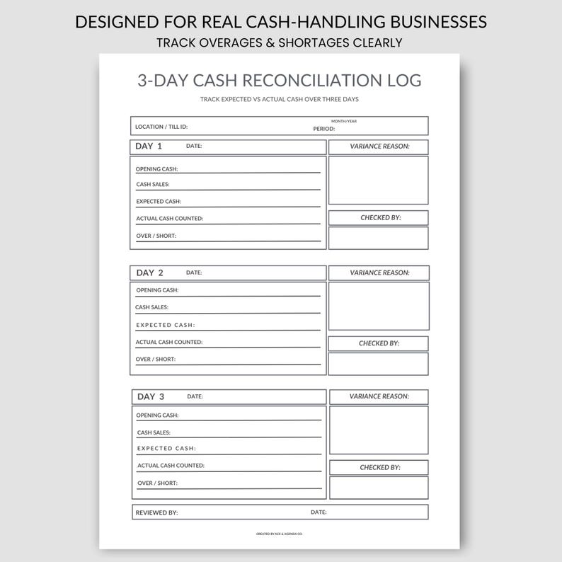 3-day Cash Reconciliation Log Printable | Cash Over & Short Tracker ...