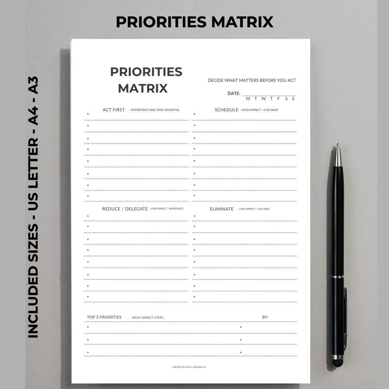Priorities Matrix Printable | Focus & Decision-making Planner | A3- A4 ...