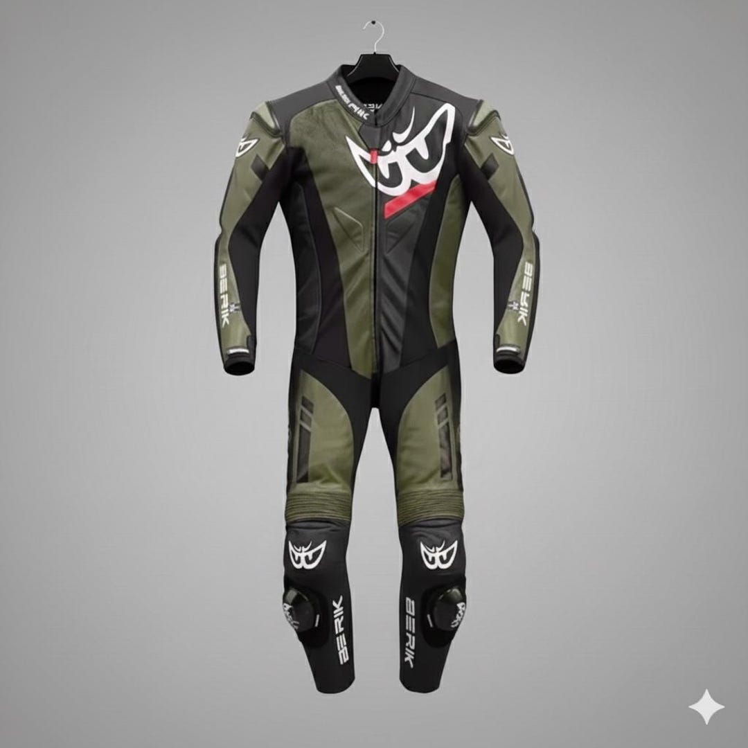 Handmade Berik Pro Olive Green & Black Genuine Cow Leather Racing Suit ...