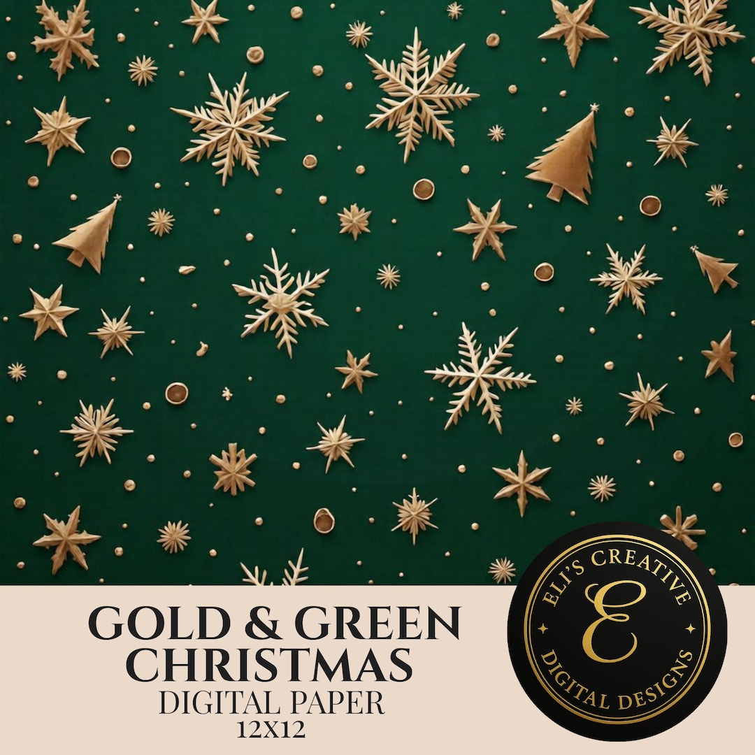 Green and Gold Christmas Digital Paper, Holiday Scrapbook Pattern (PNG ...