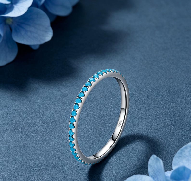 Turquoise Eternity 925 Sterling Silver Band Ring • Dainty Paved ...