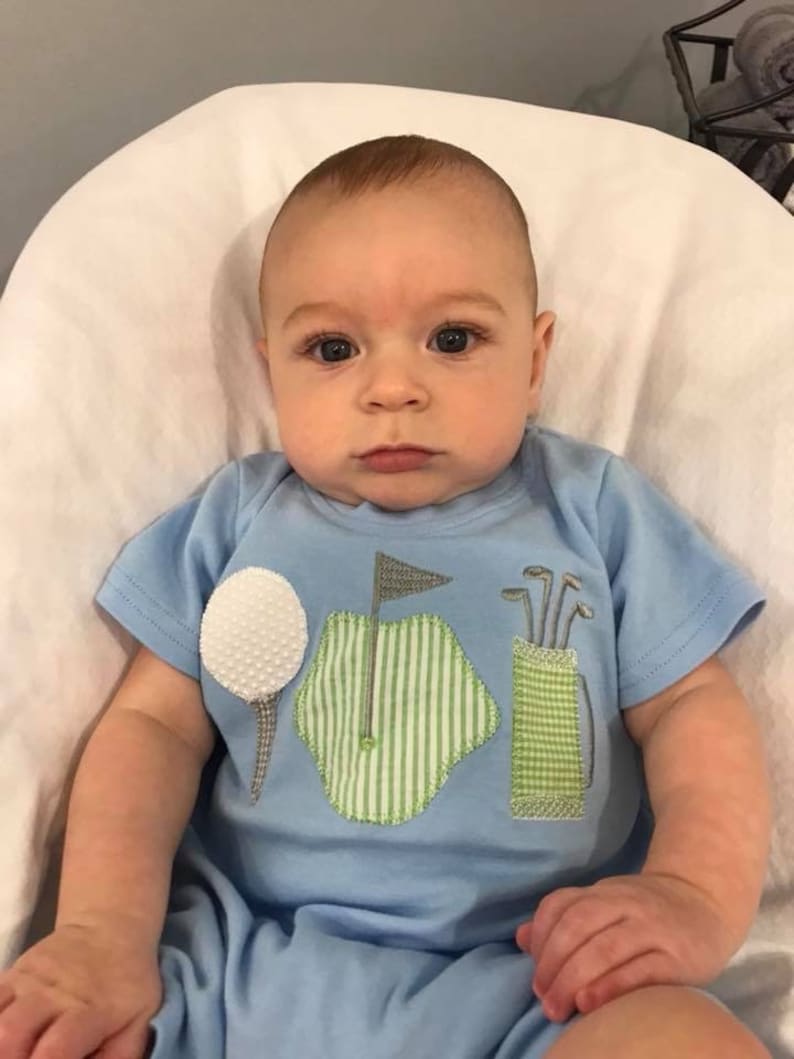 Cute Baby Blue Golf Romper Featuring Precious Golfing Trio Applique ...