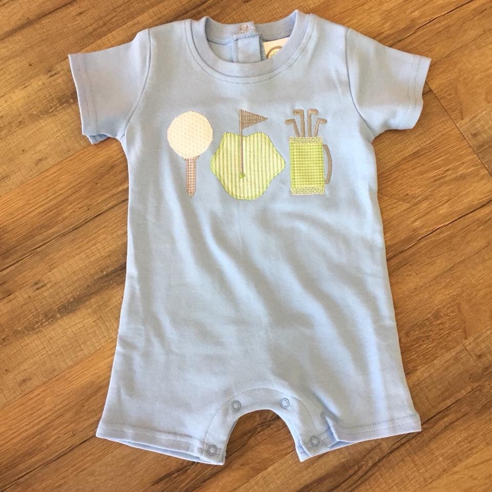 Cute Baby Blue Golf Romper Featuring Precious Golfing Trio Applique ...
