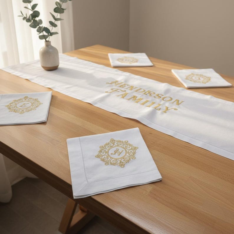 Set of Linen Table Runner and Napkin Set, Fully Personalized Embroidery ...