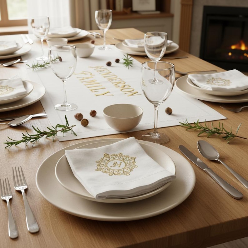 Set of Linen Table Runner and Napkin Set, Fully Personalized Embroidery ...