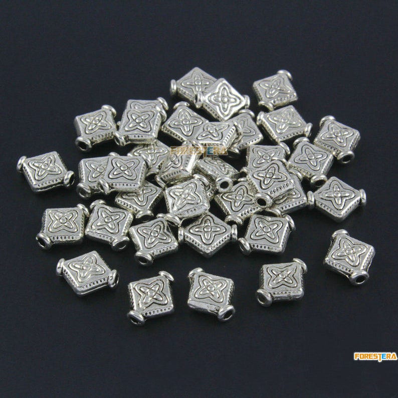 50pcs Antique Silver Rhombus Bead Rhombus Charm Flower Bracelet Bead ...