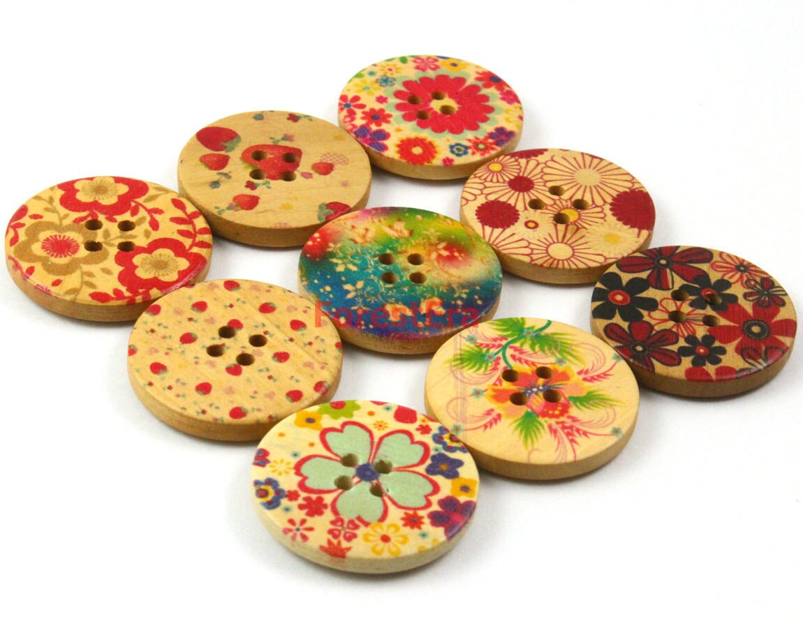 1 Set 200 Pieces 30mm Flower Painted Wood Buttons Floral Assortment ...