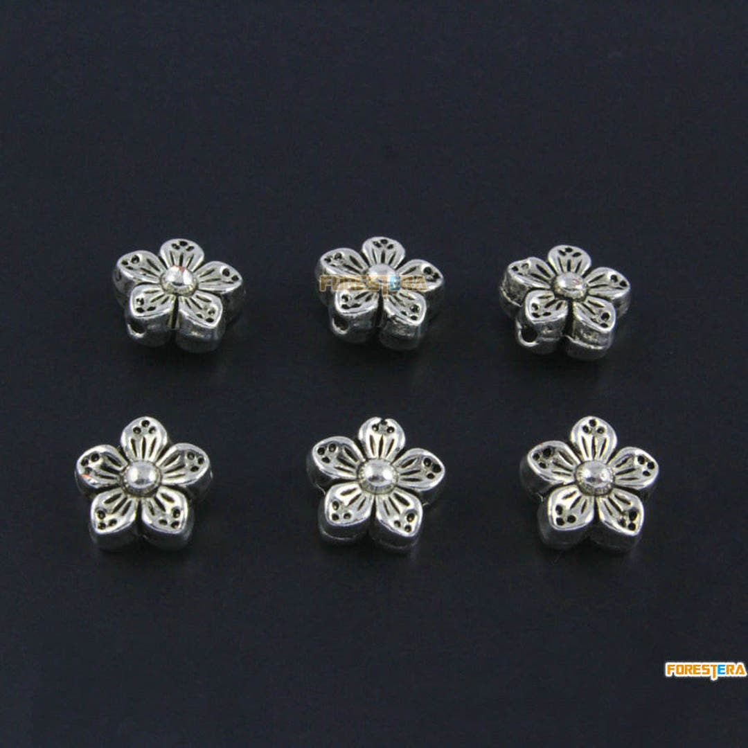 50pcs Antique Silver Flower Bead Flower Charm Flower Bracelet Bead ...