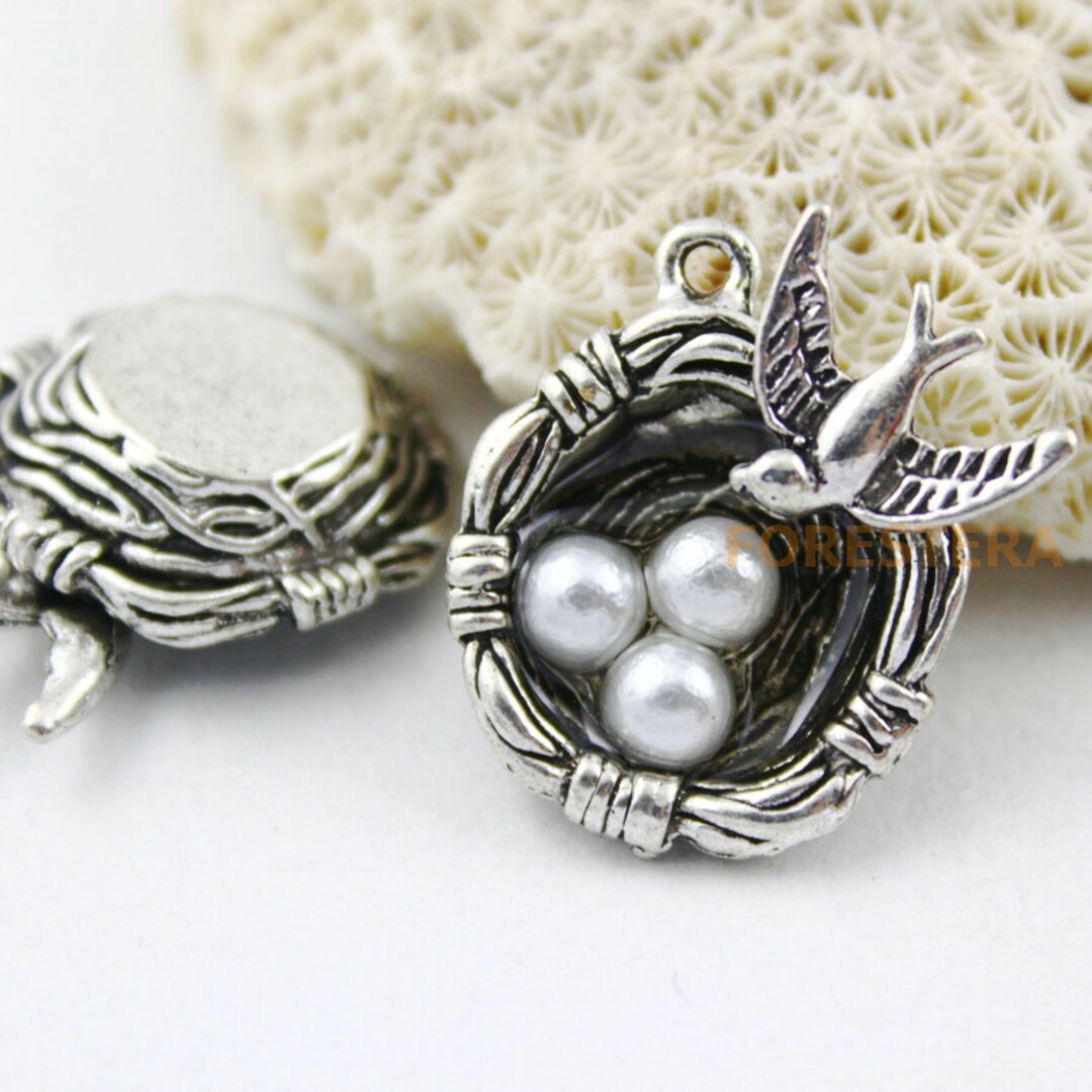 6pcs Antique Silver Cute Bird Nest Charms Pendant With Bird and Three ...