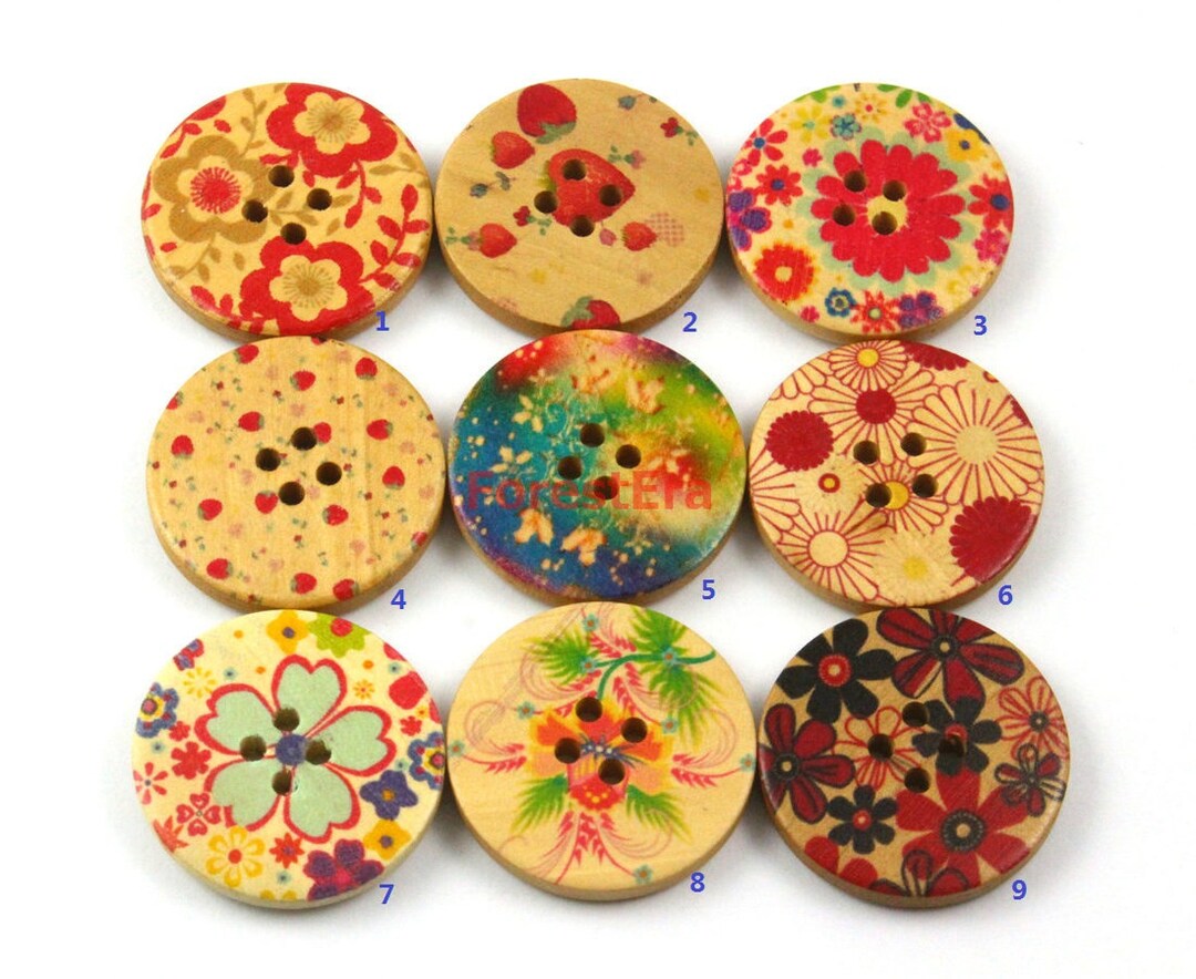 1 Set 200 Pieces 30mm Flower Painted Wood Buttons Floral Assortment ...