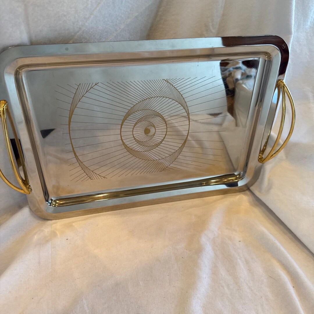 MCM Stainless Tray With Gold Handles, Peacock Feather Design 17x11 ...