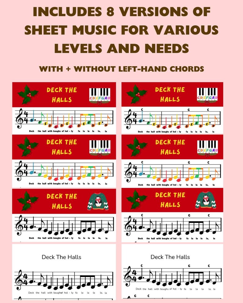 Deck the Halls | Easy Piano Sheet Music With Letter Notes | Multiple ...
