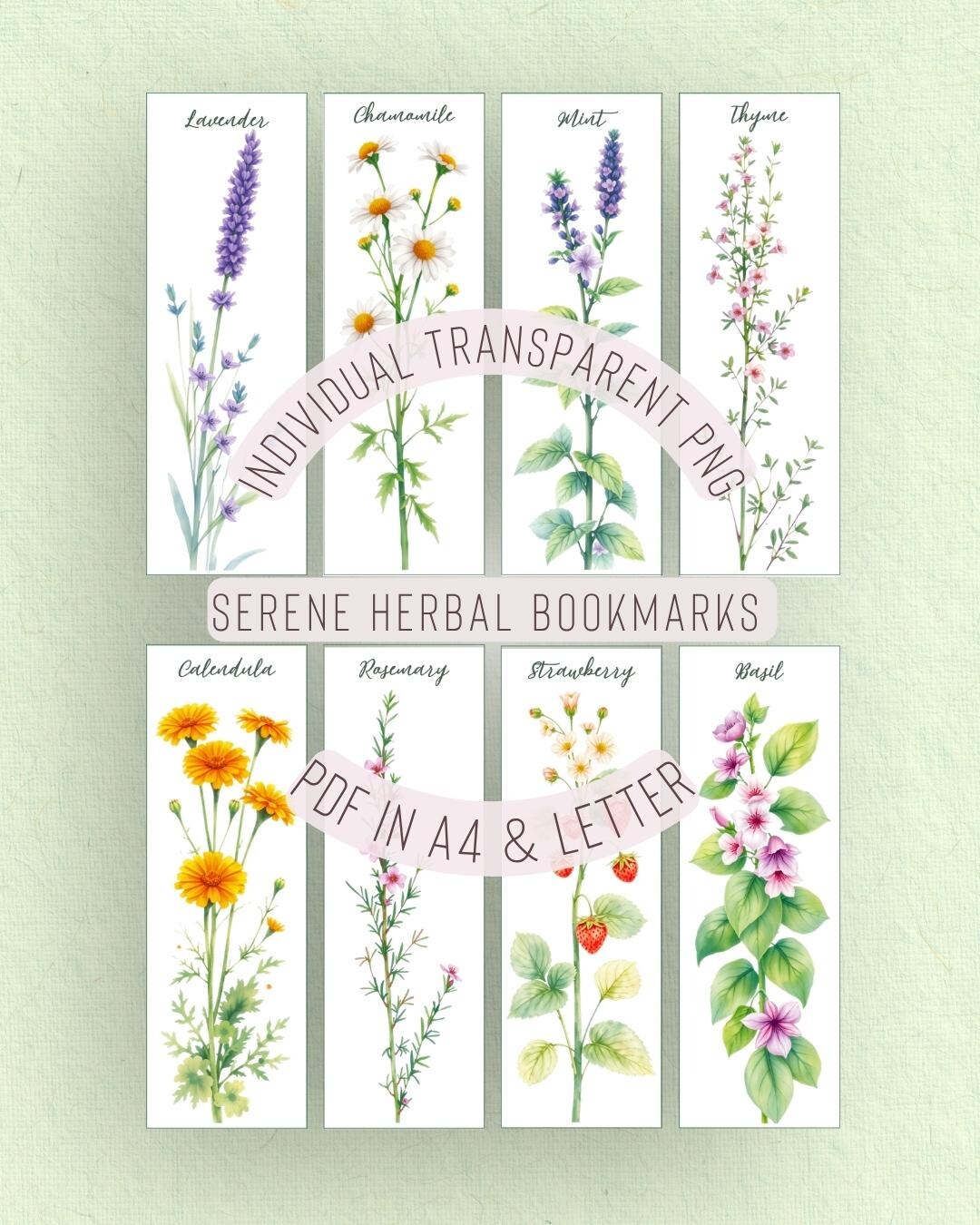 Printable Botanical Herb Bookmarks PNG, Serene Floral Clipart, Calming ...