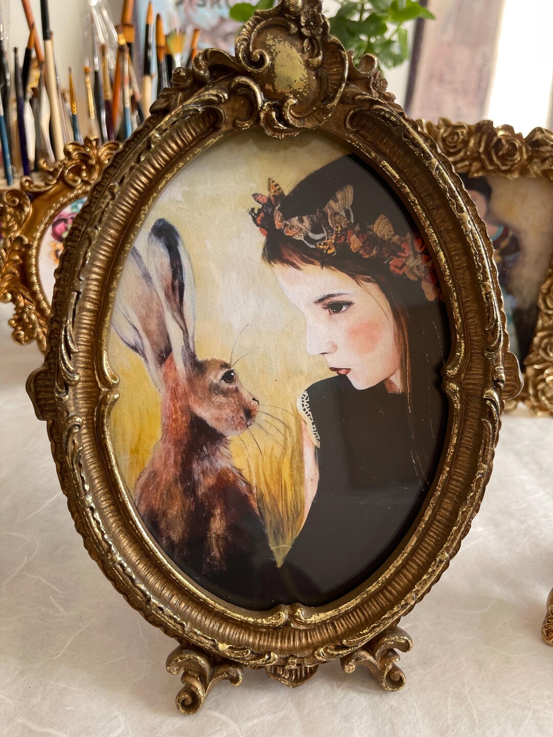 Rabbit Girl Portrait, Whimsical Art Print in Antique Frame - Etsy
