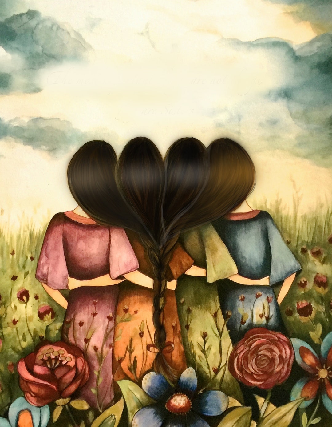 Gift for Sister, Personalized Wall Art Four Sisters Art Print Hair ...