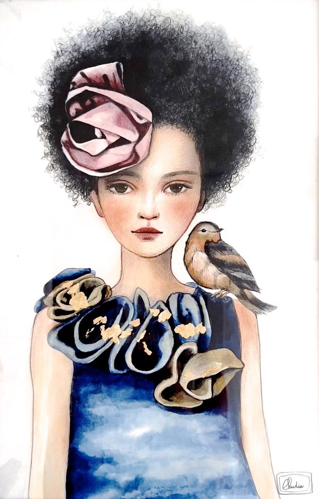 Rosalyn and the Bird, Art Print on Paper, Embellished Art With Gold ...