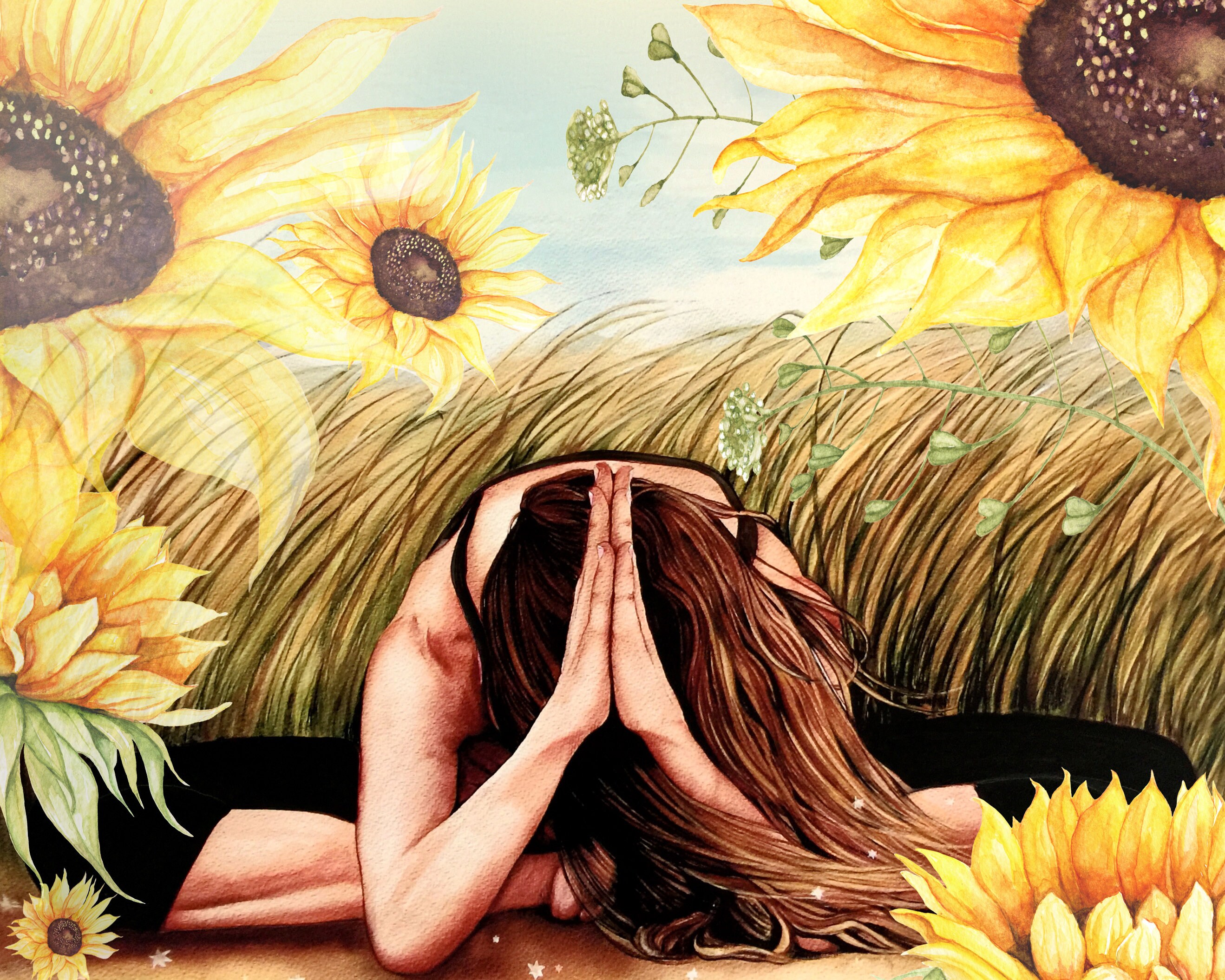 Sunflower Yoga Art Sunflower Meditation Art Woman Artwork