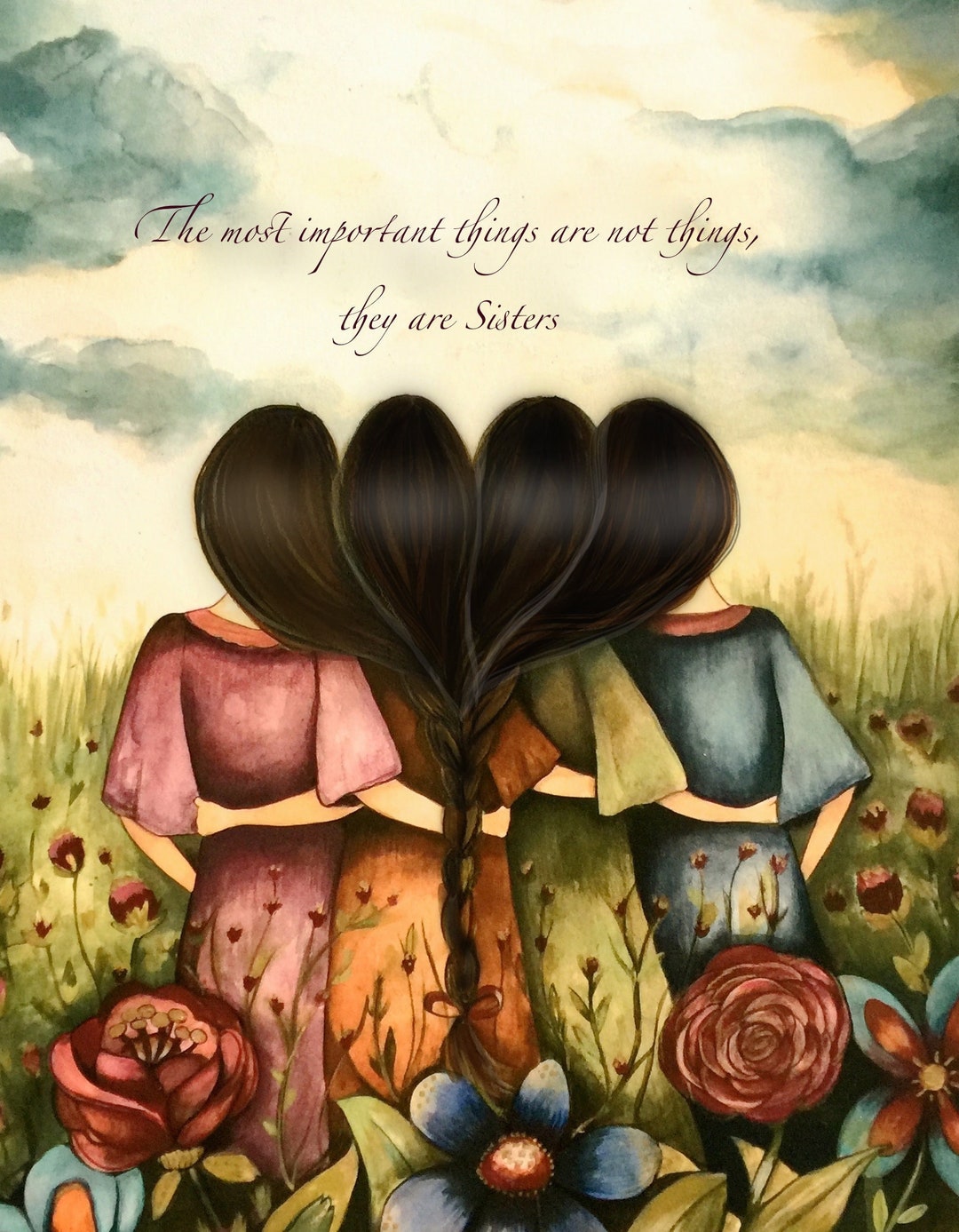 Gift for Sister, Four Sisters Art Print Hair Intertwined, Gift for ...