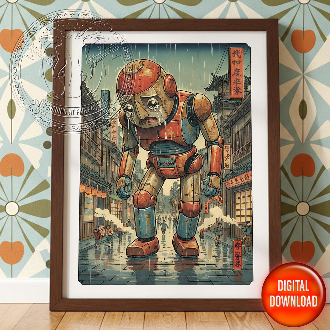 Sad Giant Robot, Vintage Style Illustration, Printable Digital Download ...