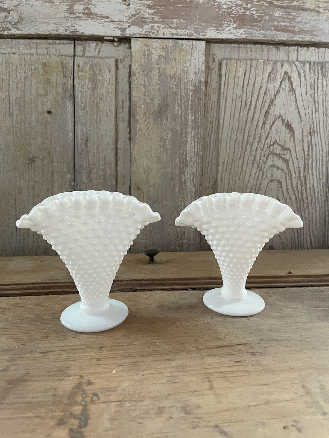 Two Vintage 4” Hobnail Fan Vases - Etsy