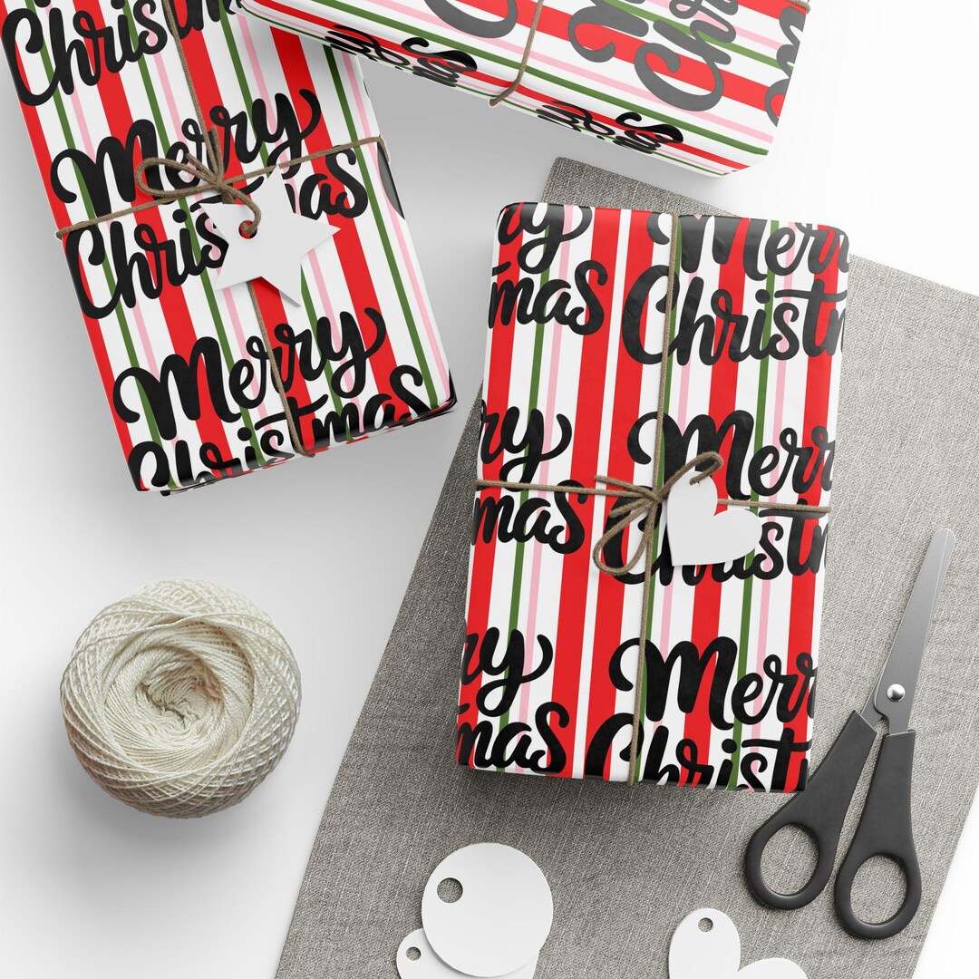 Merry Christmas Script Wrapping Papers | Red Green Striped Holiday Wrap ...