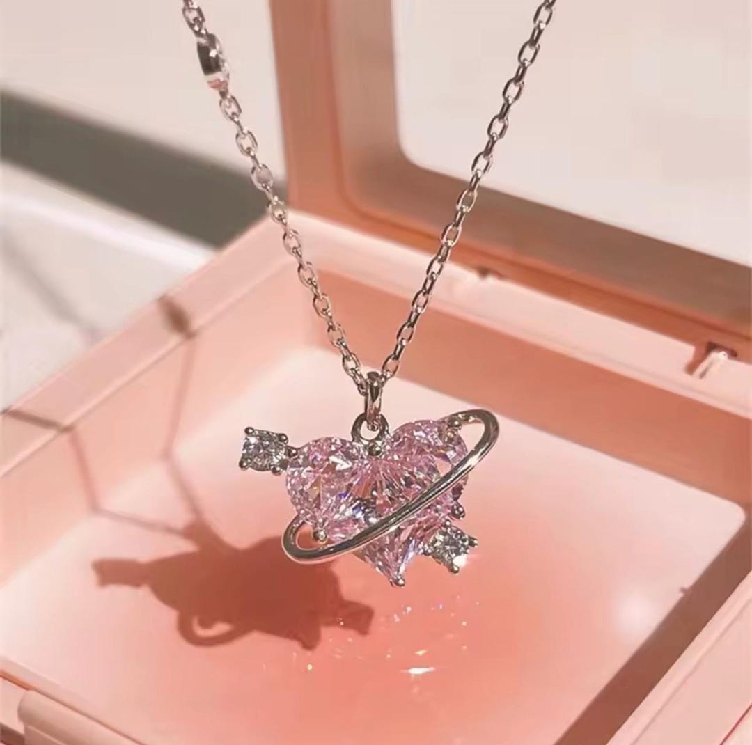 Valentine’s Day Heart Necklace for Women, Y2K Pink Planet Zircon ...