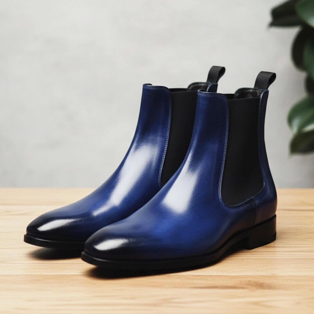 Mens Blue Patina Chelsea Boots | Handmade Leather Slip on Boots ...