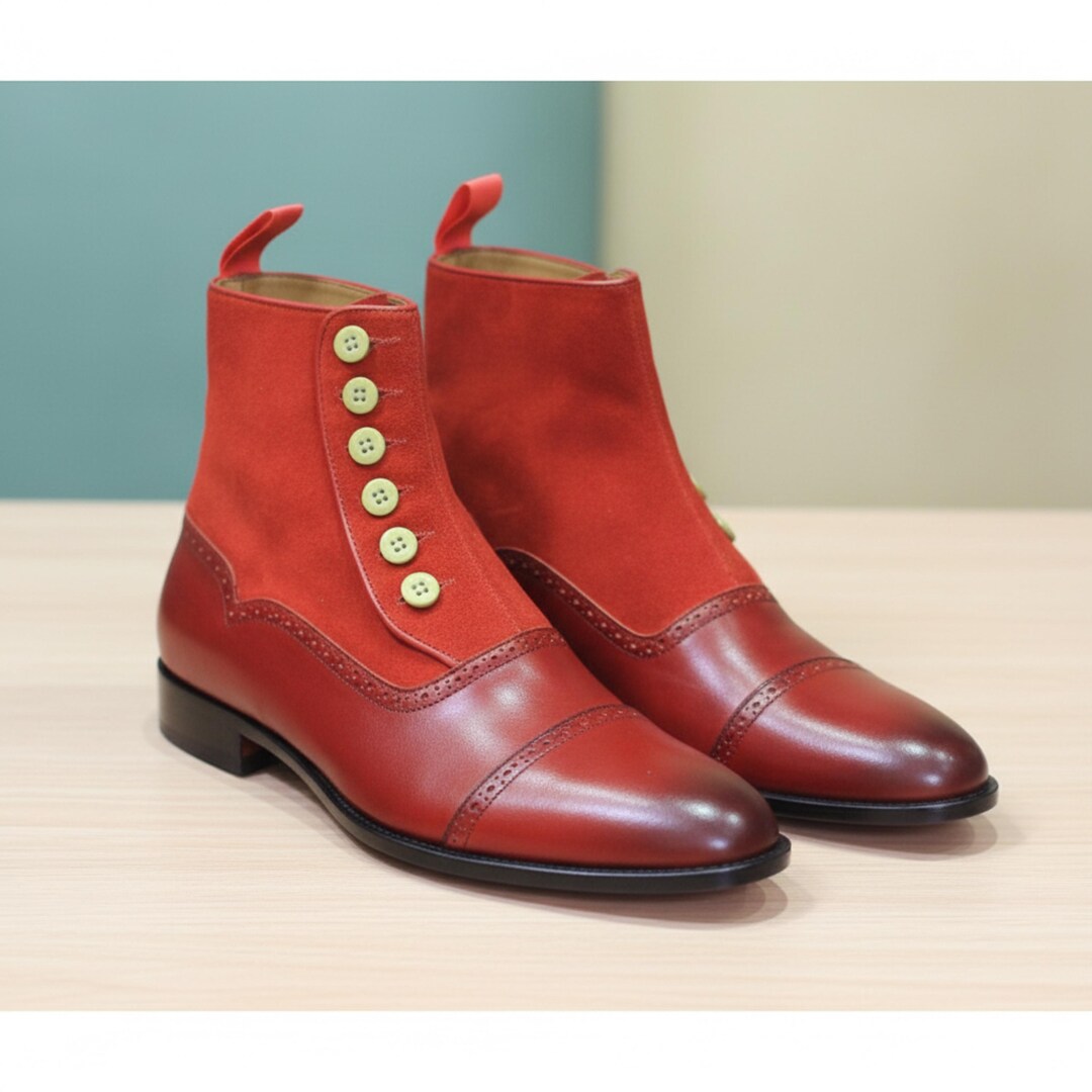 Mens Red Leather & Suede Button Boots | Handmade Vintage Balmoral Boots ...