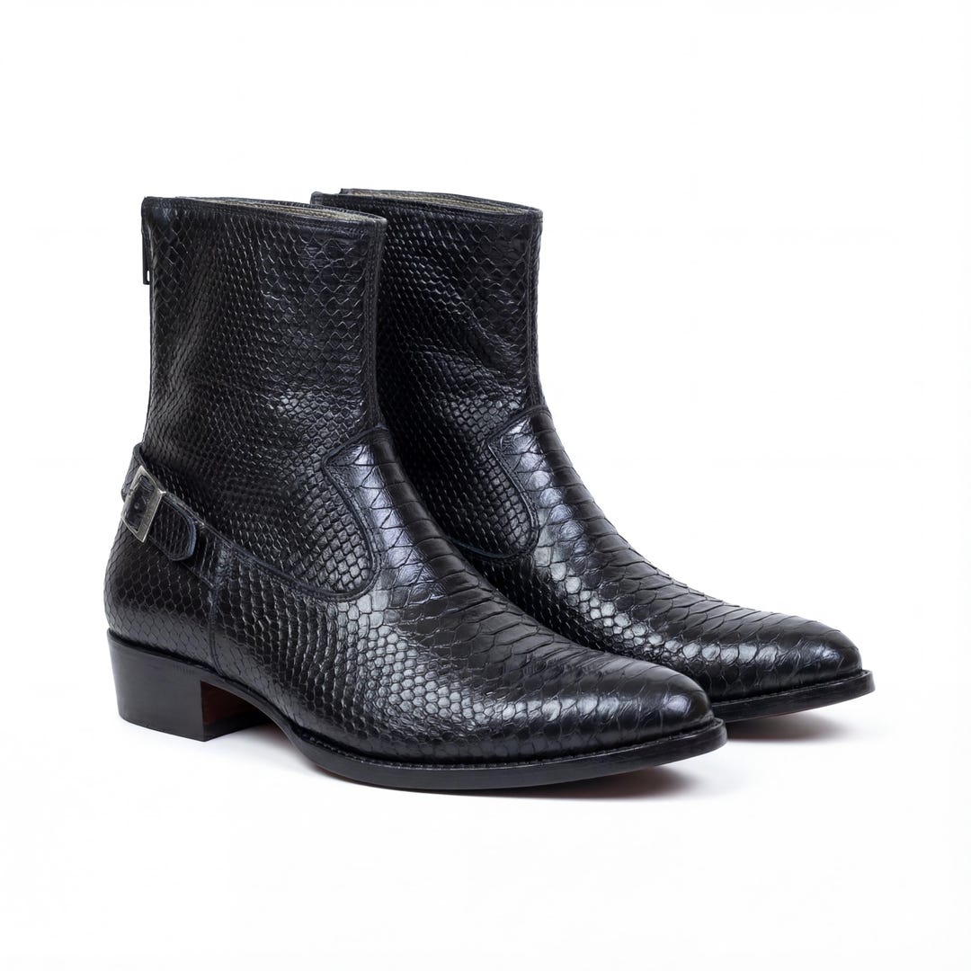 Mens Black Python Ankle Boots | Exotic Leather Dress Boots With Red ...