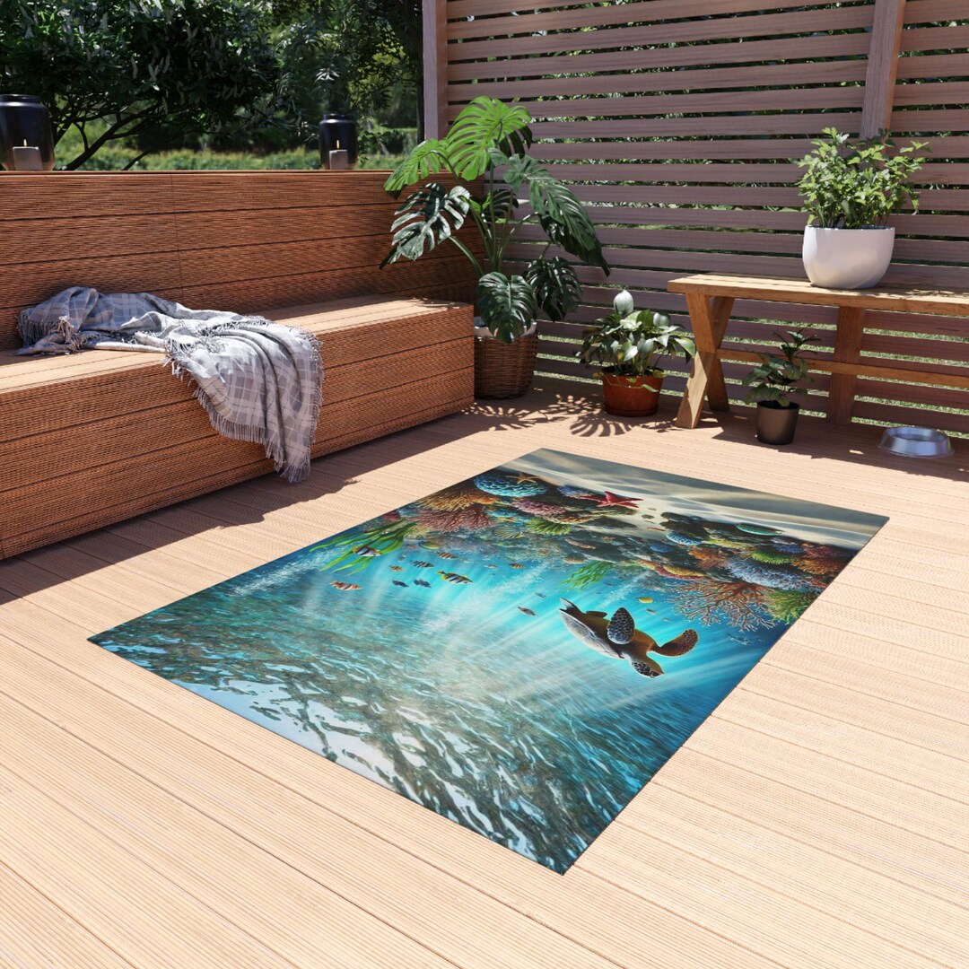 Sea Turtle Ocean Outdoor Rug, Underwater Marine Life Patio Mat, Coastal ...