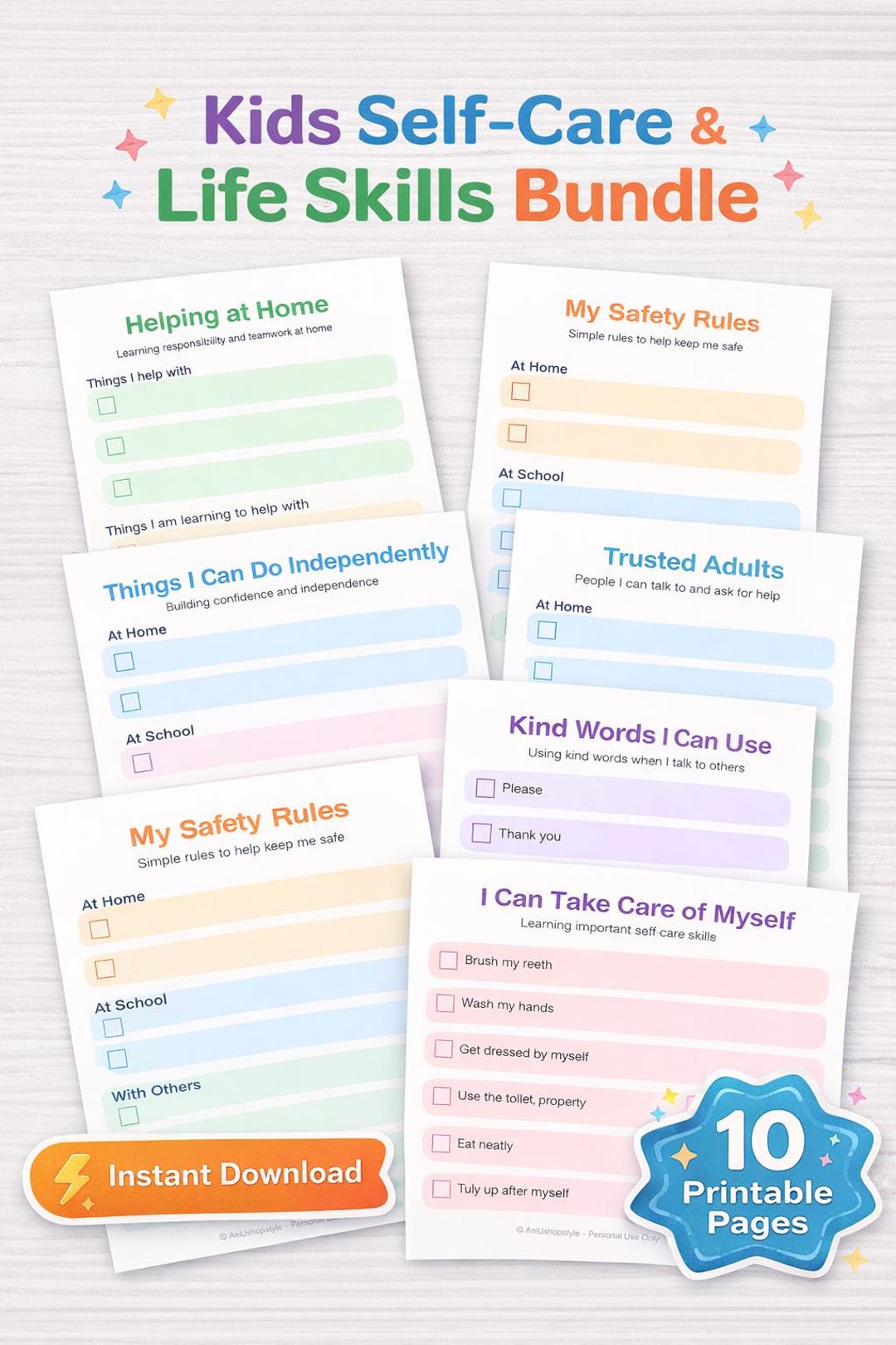 Kids Life Skills and Self Care Bundle | Printable Worksheets for ...