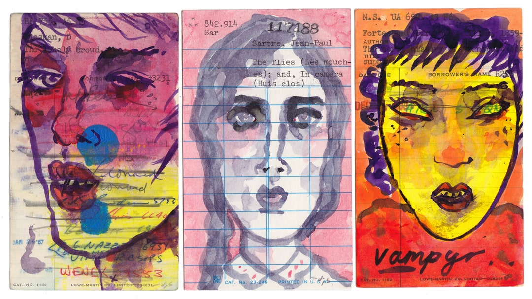 Library Card Art Set / Three Original Illustrations on Vintage Library ...