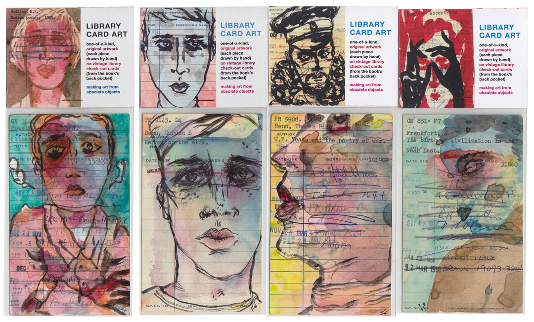 Library Card Art Set / Four Original Watercolour Paintings on Vintage ...