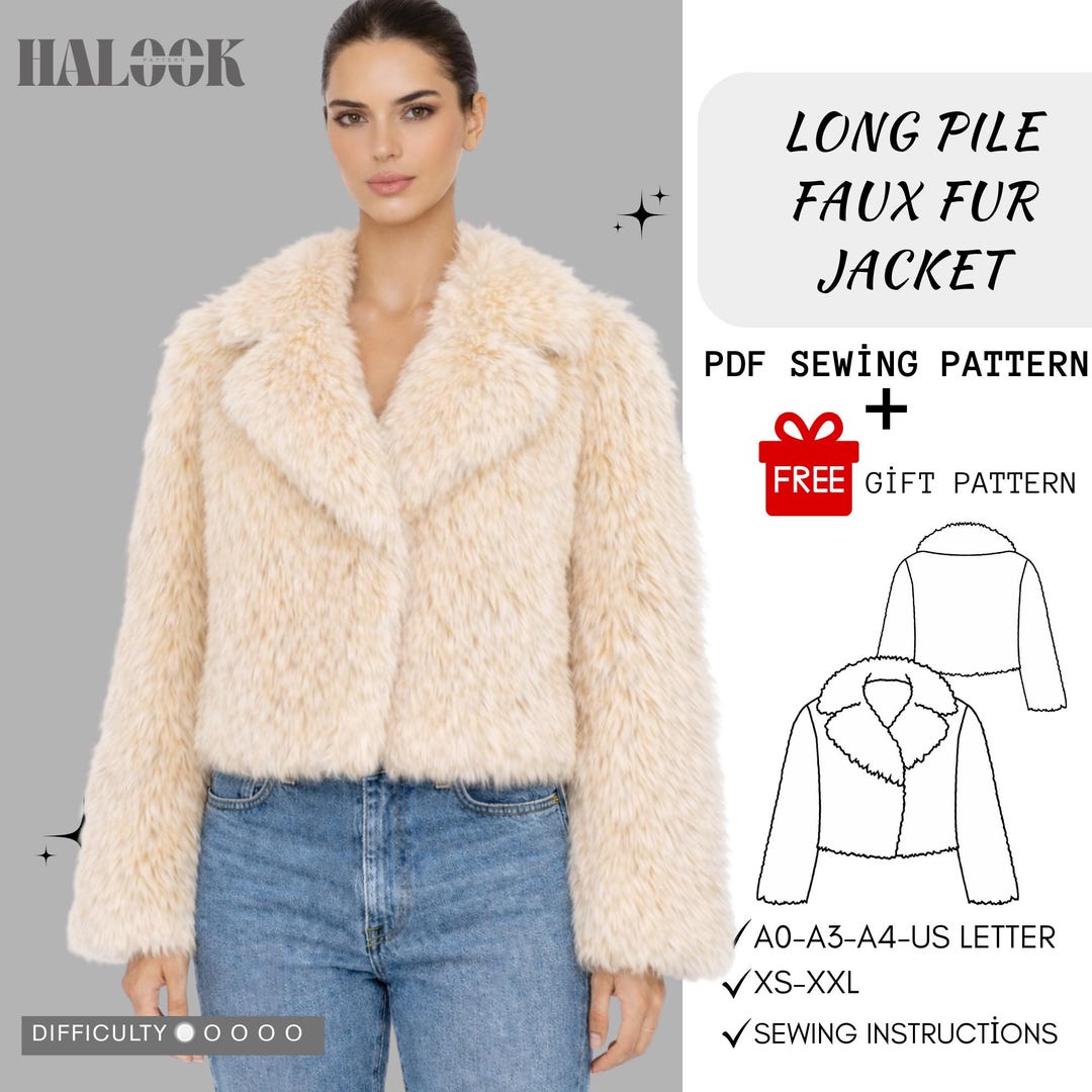 Long Pıle Faux Fur Jacket Sewing Pattern Pdf | Cropped Fur Coat With Lapel Collar | Xs-xxxxl ...